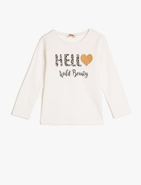 Koton Kız Çocuk Uzun Kollu Bisiklet Yaka Yazılı Baskılı Simli Tişört
