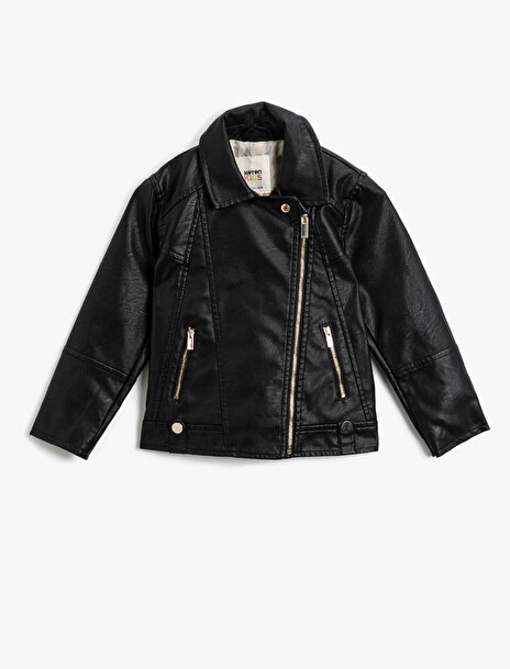 Koton Kız Çocuk Fermuarlı Gömlek Yaka Cepli Suni Deri Ceket