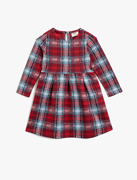 Koton Kız Çocuk Bisiklet Yaka Uzun Kollu Ekoseli Elbise