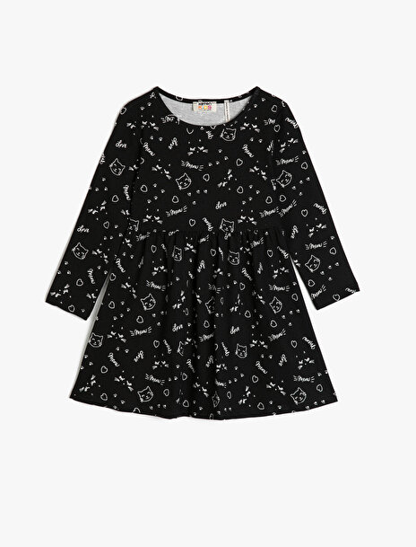 Koton Kız Çocuk %100 Pamuk Bisiklet Yaka Uzun Kollu Baskili Elbise