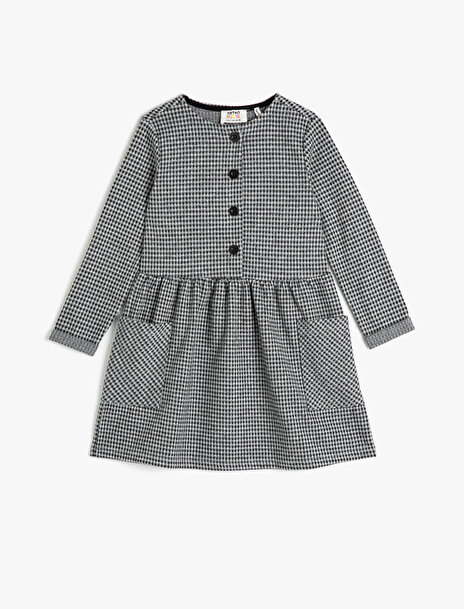 Koton Kız Çocuk Cepli Düğmeli Uzun Kollu Kareli Elbise