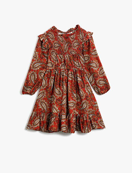 Koton Kız Çocuk Etnik Desenli Uzun Kollu Fırfırlı Elbise