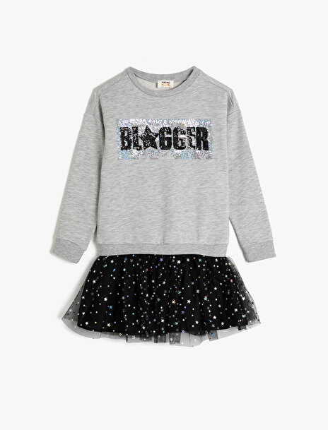 Koton Kız Çocuk Bisiklet Yaka Uzun Kollu Payetli Tül Elbise