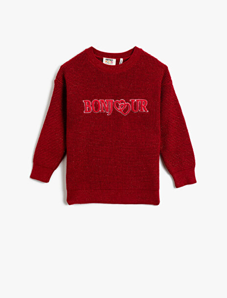 Koton Kız Çocuk Bisiklet Yaka Yazılı İşlemeli Triko Kazak