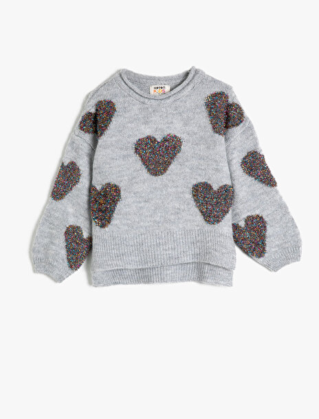 Koton Kız Çocuk Bisiklet Yaka Kalp Desenli Triko Kazak