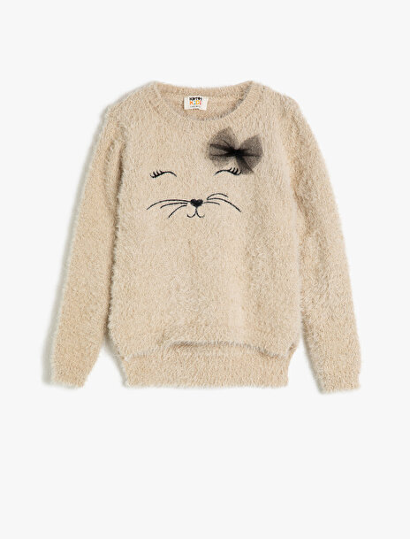 Koton Kız Çocuk Kedi Figürlü Bisiklet Yaka Triko Kazak