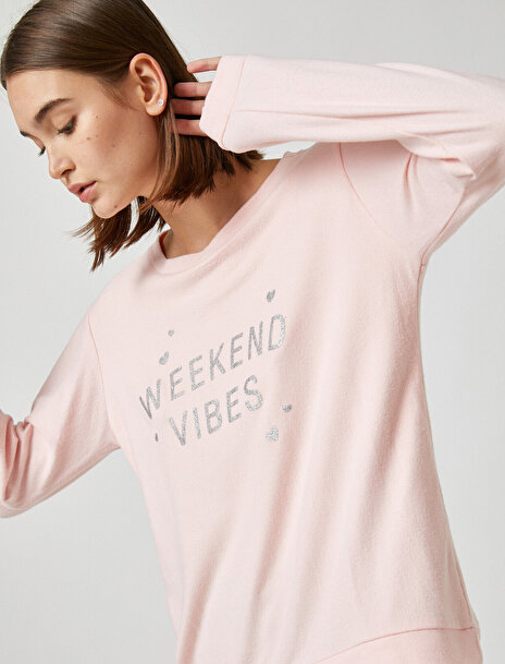 Koton Kadın Bisiklet Yaka Yazılı Baskılı Pijama Üstü