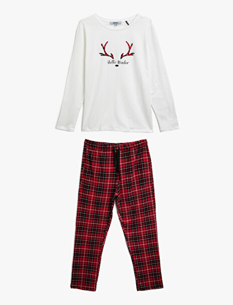 Koton Erkek Pijama Takımı - Aile Pijamasi - Erkek Pamuklu Yazılı Baskılı Ekose