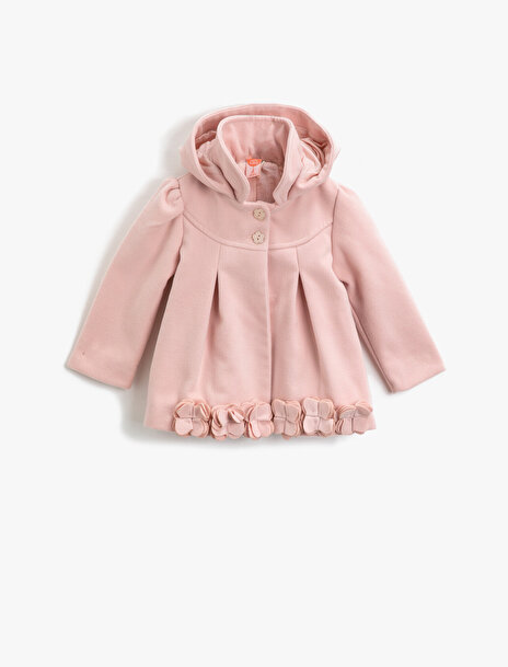 Koton Kız Çocuk Kapüşonlu Düğmeli Çiçekli Gabardin Kumaş Kaban