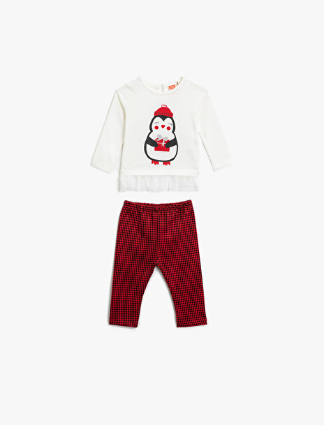 Koton Kız Çocuk Kareli Pamuklu Baskılı Bisiklet Yaka Uzun Kollu Takım