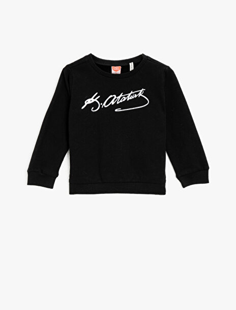 Koton Kız Çocuk Pamuklu Atatürk İmzası Baskılı Bisiklet Yaka Uzun Kollu Sweatshirt