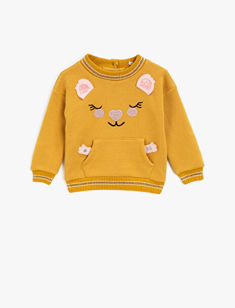 Koton Kız Çocuk Bisiklet Yaka Kanguru Cepli İşlemeli Sweatshirt