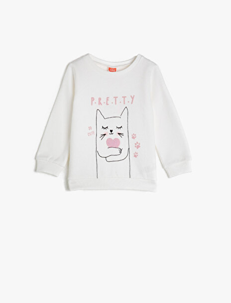 Koton Kız Çocuk %100 Pamuk Bisiklet Yaka Uzun Kollu Simli Baskili Sweatshirt Koton Kız Çocuk %100 Pamuk Bisiklet Yaka Uzun Kollu Simli Baskili Sweatshirt