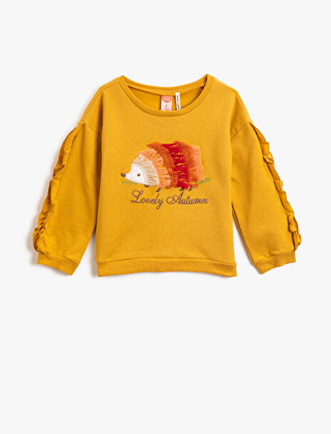 Koton Kız Çocuk Pamuklu İşlemeli Fırfırlı Bisiklet Yaka Uzun Kollu Sweatshirt