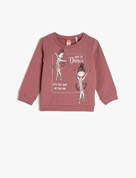 Koton Kız Çocuk %100 Pamuk Bisiklet Yaka Uzun Kollu Baskılı Sweatshirt