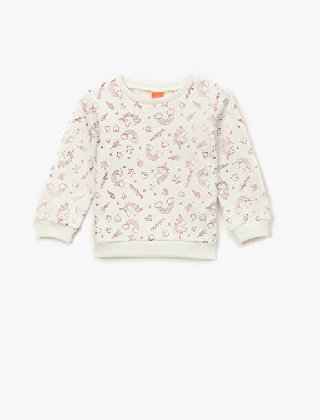 Koton Kız Çocuk Pamuklu Baskılı Bisiklet Yaka Uzun Kollu Sweathirt