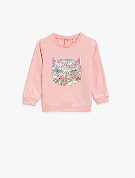 Koton Kız Çocuk Pamuklu Pullu Bisiklet Yaka Uzun Kollu Sweatshirt