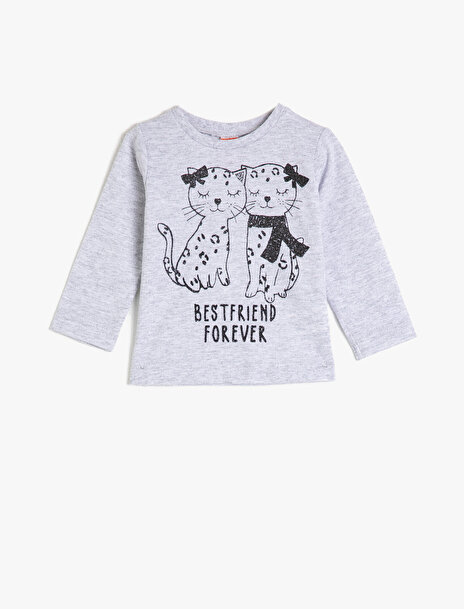 Koton Kız Çocuk Bisiklet Yaka Yazılı Baskılı Uzun Kollu Tişört