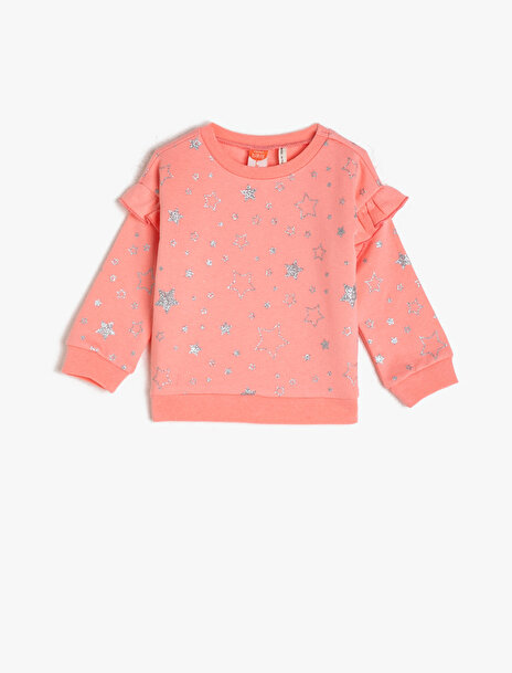 Koton Kız Çocuk %100 Pamuk Simli Baskılı Fırfır Detaylı Sweatshirt