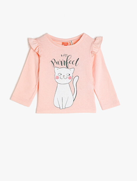 Koton Kız Çocuk  %100 Pamuk Bisiklet Yaka Uzun Kollu Fırfırlı Tişört