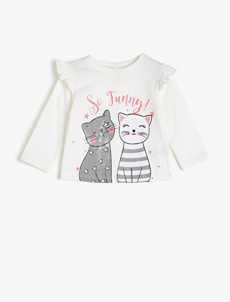 Koton Kız Çocuk Uzun Kollu Fırfırlı Bisiklet Yaka T-Shirt