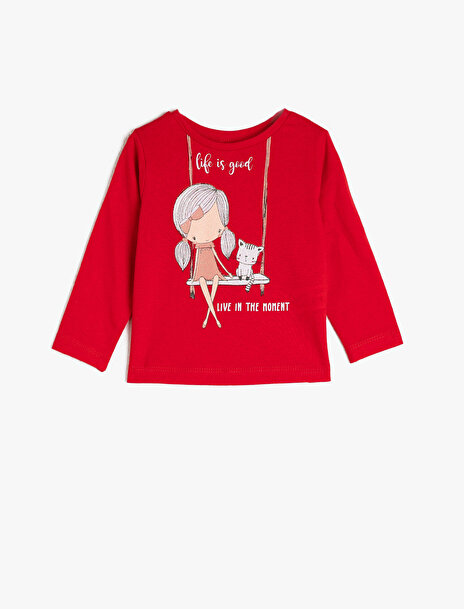 Koton Kız Çocuk %100 Pamuk Bisiklet Yaka Uzun Kollu Baskılı Tişört