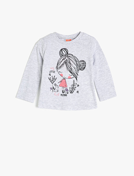 Koton Kız Çocuk Uzun Kollu Bisiklet Yaka Baskılı T-Shirt