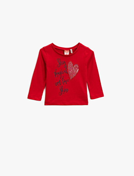 Koton Kız Çocuk Pamuklu Yazılı Baskılı Uzun Kollu Bisiklet Yaka Tişört