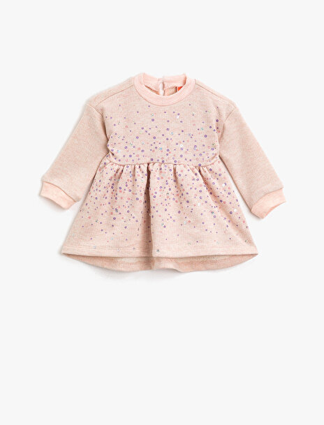 Koton Kız Çocuk Bisiklet Yaka Baskılı Pullu Uzun Kollu Elbise