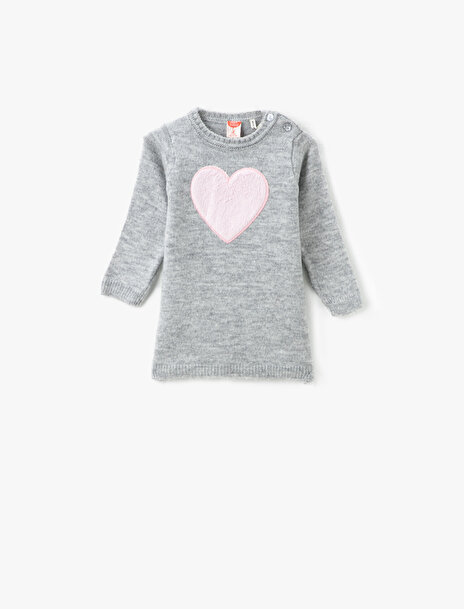 Koton Kız Çocuk Bisiklet Yaka Uzun Kollu Kalp Aplikeli Elbise