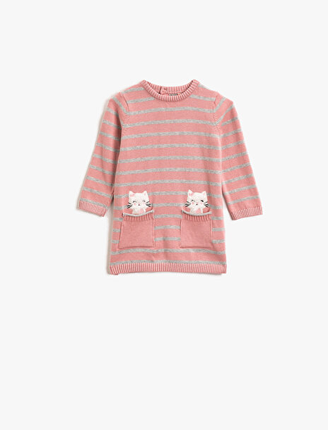 Koton Kız Çocuk Çizgili Cepli İşlemeli Bisiklet Yaka Uzun Kollu Elbise