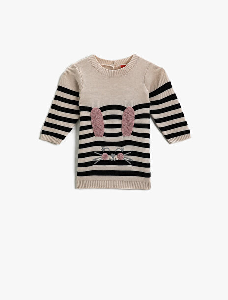 Koton Kız Çocuk Baskılı Kazak Elbise Çizgili Uzun Kollu Bisiklet Yaka