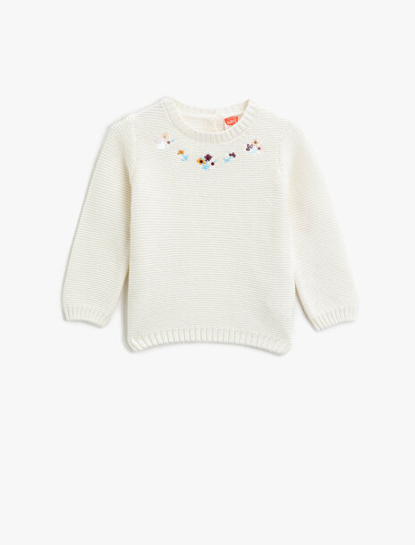 Koton Kız Çocuk Bisiklet Yaka Uzun Kollu Çiçek İşlemeli Triko Kazak