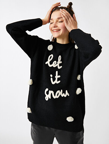 Koton Kadın Bisiklet Yaka Ponponlu Boncuk İşlemeli Kazak Koton Kadın Bisiklet Yaka Ponponlu Boncuk İşlemeli Kazak