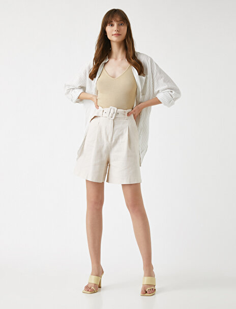 Koton Kadın Beli Kemerli Sort Keten Pamuk Karisimi Yüksek Bel