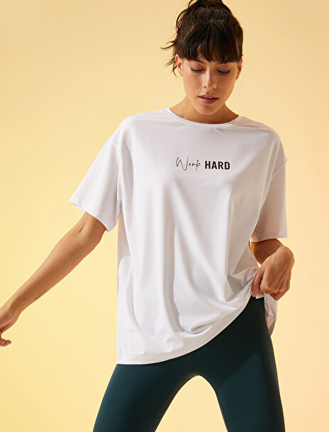 Koton Kadın Yazılı Tişört Kısa Kollu Slogan Bisiklet Yaka Oversize
