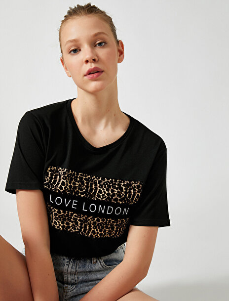 Koton Kadın Baskılı Tişört Leopar Desenli Yazılı