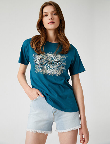 Koton Kadın Baskılı Tişört Bisiklet Yaka Kısa Kollu Pamuklu