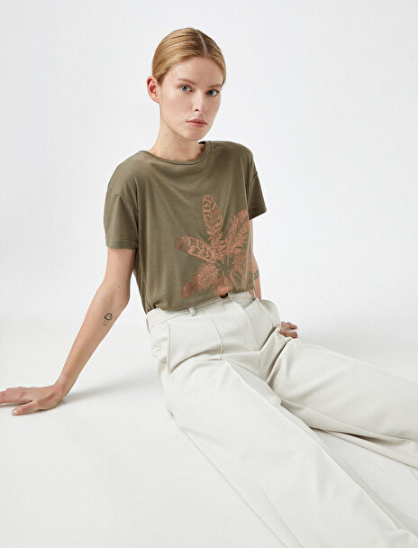 Koton Kadın Baskılı Tişört Metalik Bisiklet Yaka Oversize