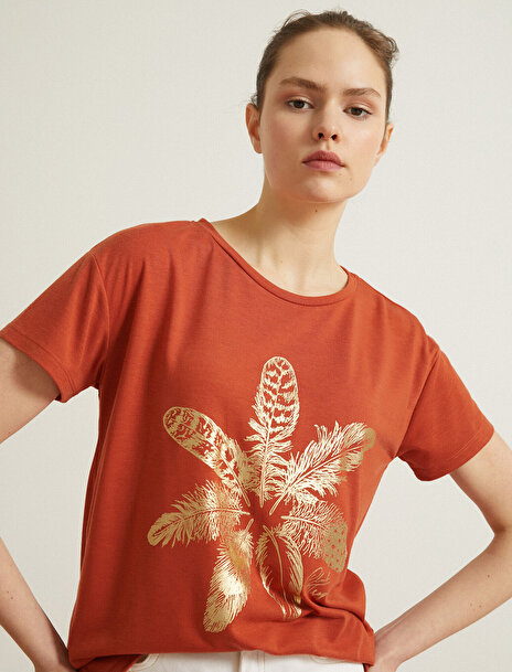 Koton Kadın Baskılı Tişört Metalik Bisiklet Yaka Oversize