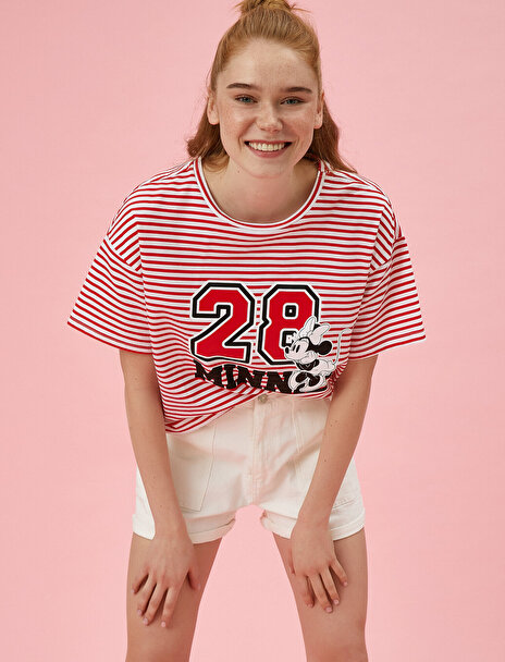 Koton Kadın Minnie Tişört Lisanslı Baskılı Çizgili Pamuklu