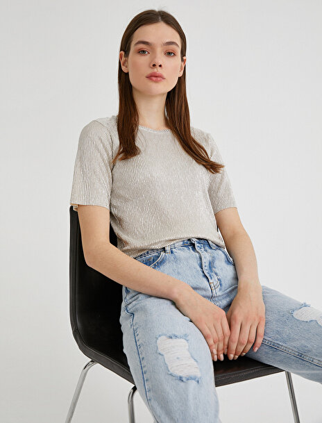 Koton Kadın Bisiklet Yaka Tişört Metalik Kısa Kollu