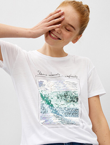 Koton Kadın Pullu Tişört Yazılı Baskılı Bisiklet Yaka