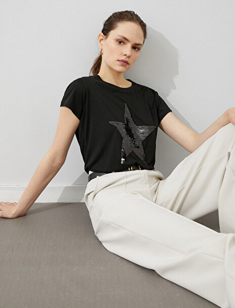 Koton Kadın Pullu Tişört Kısa Kollu Bisiklet Yaka