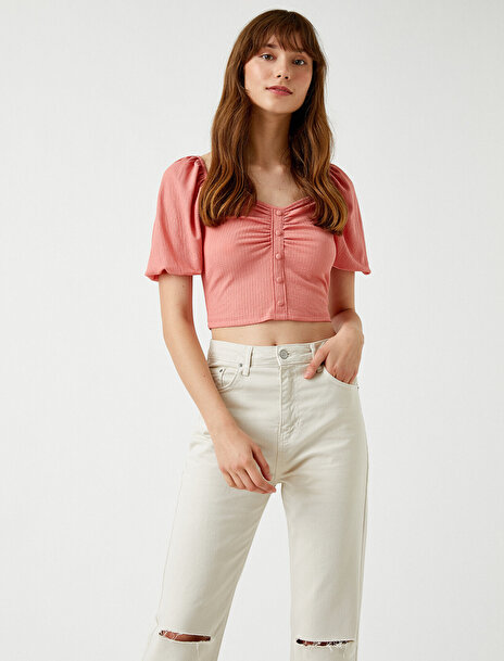 Koton Kadın Düğmeli V Yaka Balon Kollu Crop Bluz