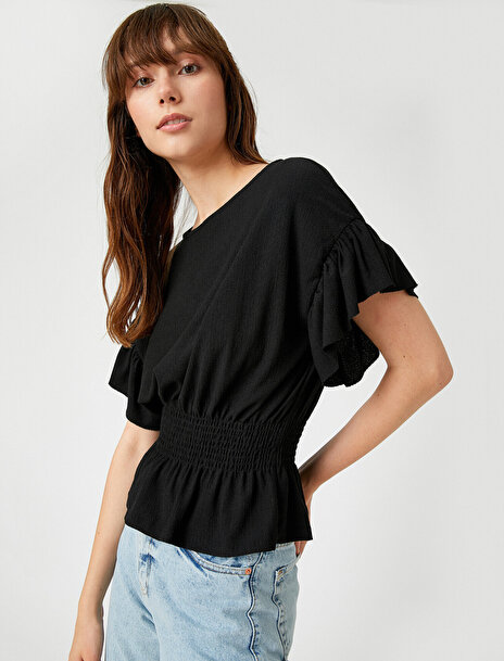 Koton Kadın Kolları Fırfırlı Tişört Kısa Kollu Beli Büzgülü