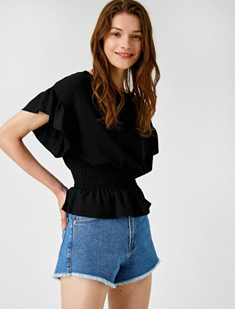 Koton Kadın Bisiklet Yaka Tişört Kısa Kollu Fırfırlı