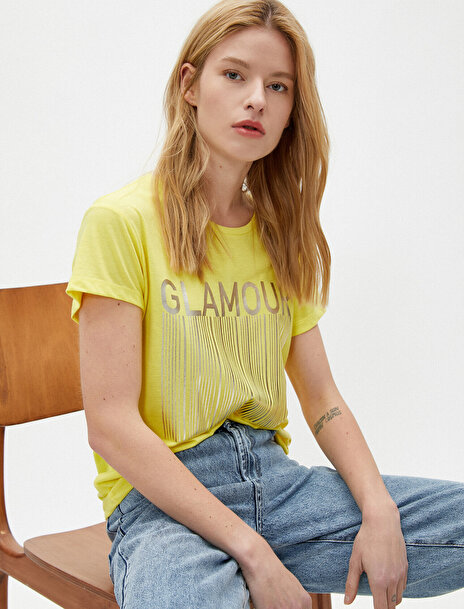 Koton Kadın Baskılı Tişört Bisiklet Yaka Sloganlı