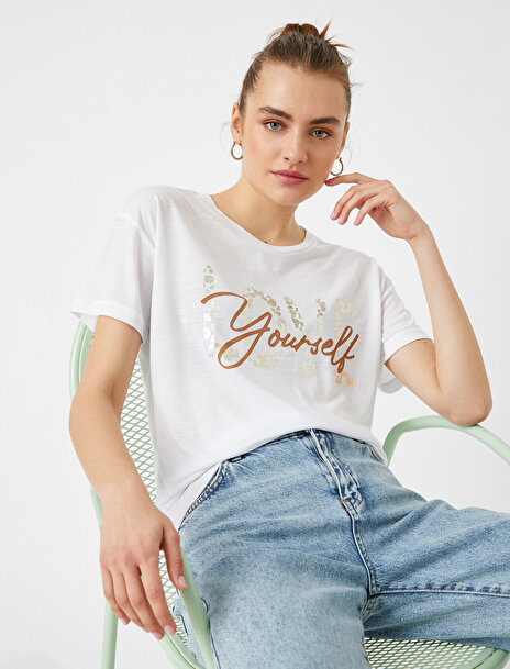 Koton Kadın Bisiklet Yaka Tişört Yazılı Baskılı