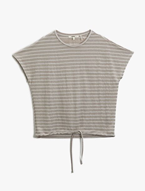 Koton Kadın Crop Tişört Çizgili Belden Bağlamalı